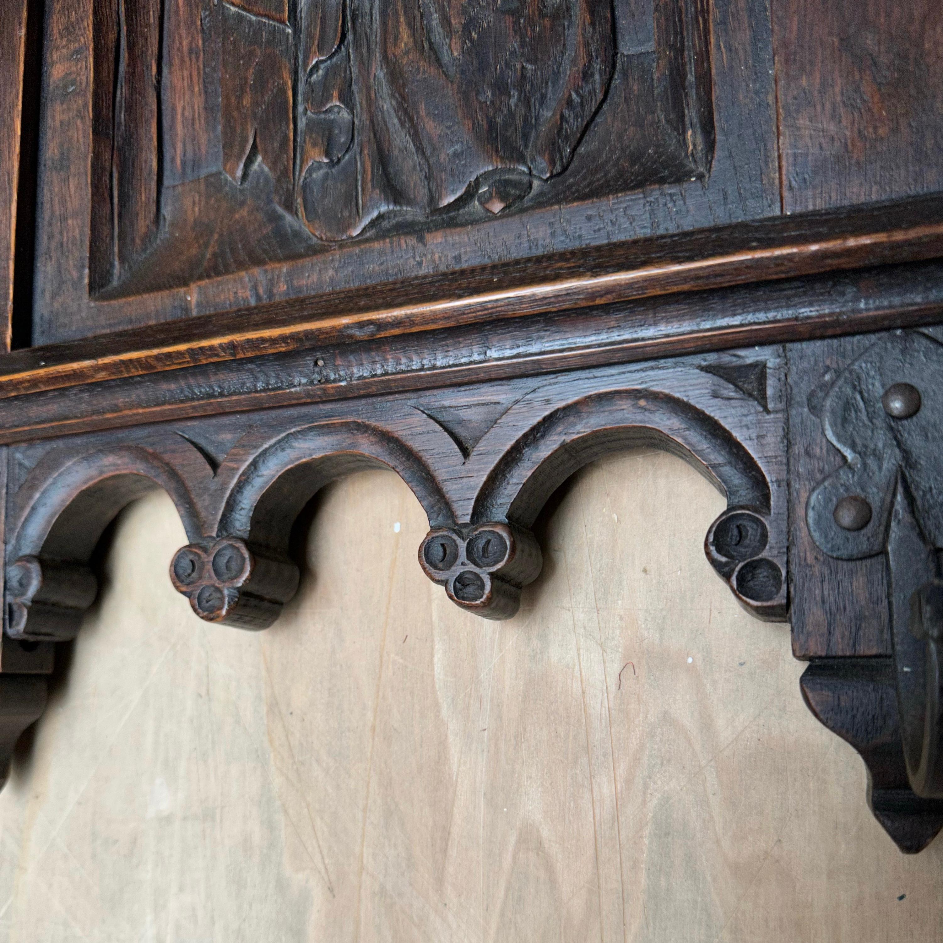 Gothic Revival Oak Wall Coat Rack with Clergyman Sculptures and Wrought ...