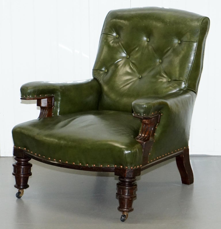 Gothic Revival Pugin Style Victorian Chesterfield Library Green Leather ...
