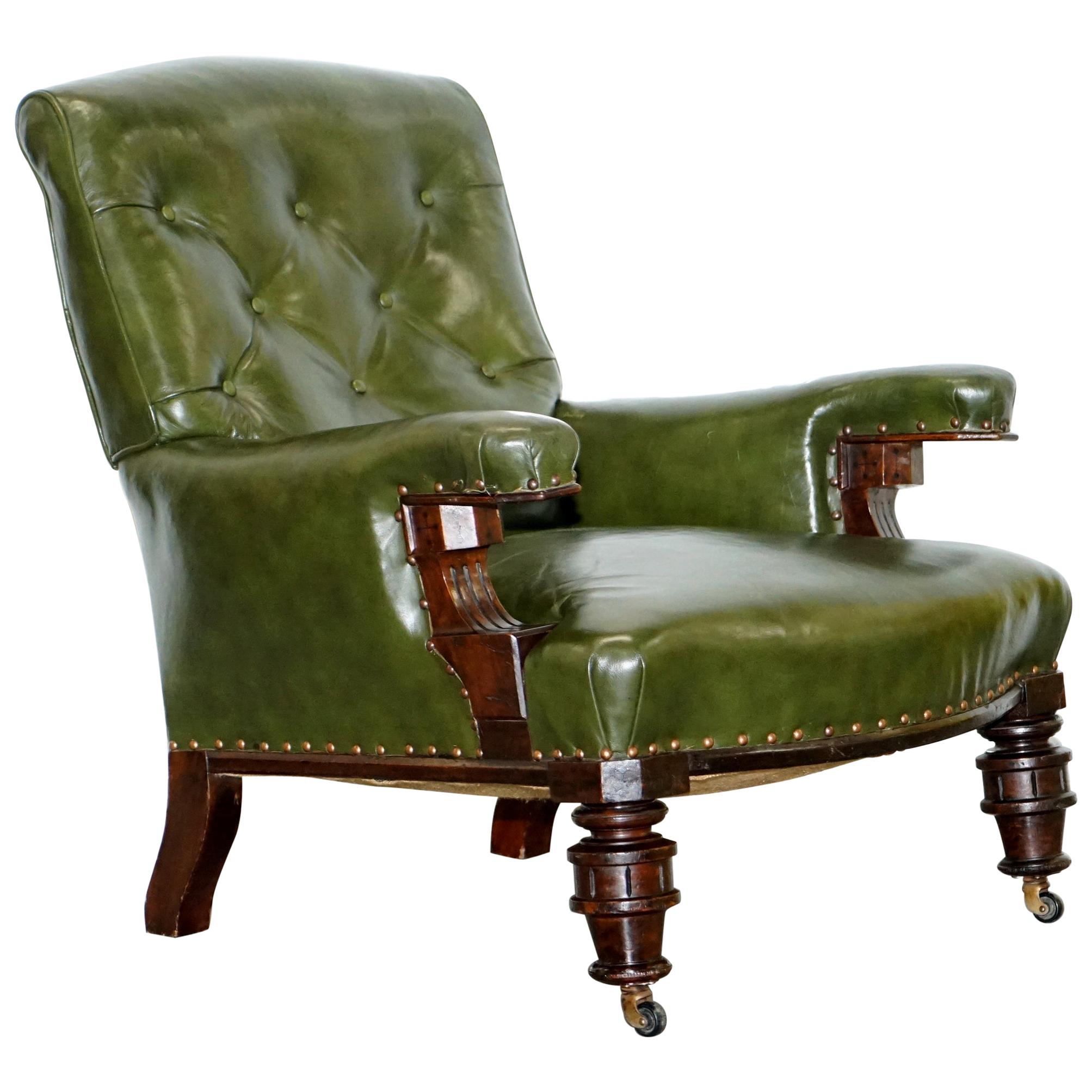 Gothic Revival Pugin Style Victorian Chesterfield Library Green Leather ...