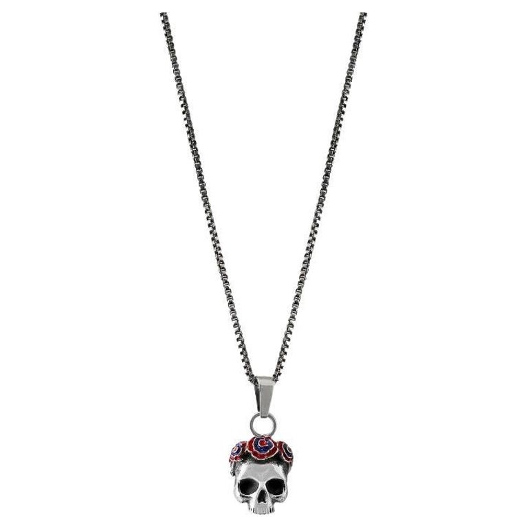 Gothic Rose Skull Necklace in IP Plated Stainless Steel For Sale at 1stDibs