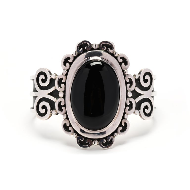 Gothic Style Black Onyx Cuff Bracelet, Sterling Silver For Sale at 1stDibs