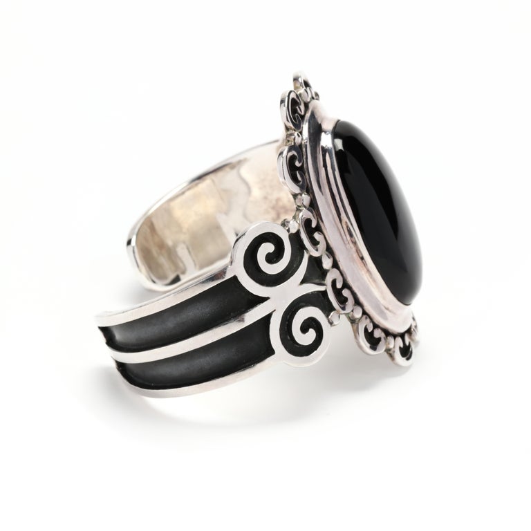 Gothic Style Black Onyx Cuff Bracelet, Sterling Silver For Sale at 1stDibs