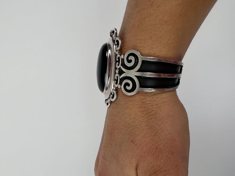 Gothic Style Black Onyx Cuff Bracelet, Sterling Silver For Sale at 1stDibs