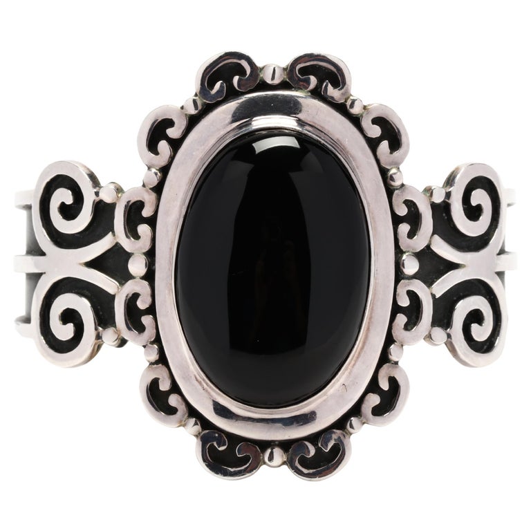 Gothic Style Black Onyx Cuff Bracelet, Sterling Silver For Sale at 1stDibs