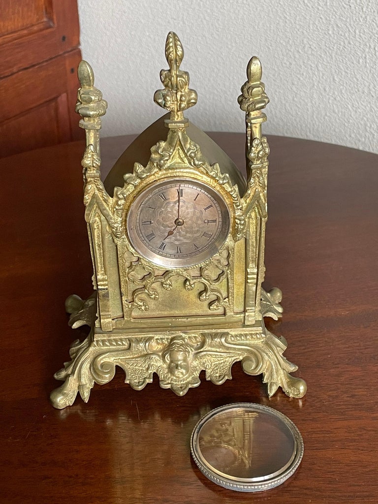 Gothic Table Clock w. Stunning Antique Pocket Watch Made of Gilt Bronze ...