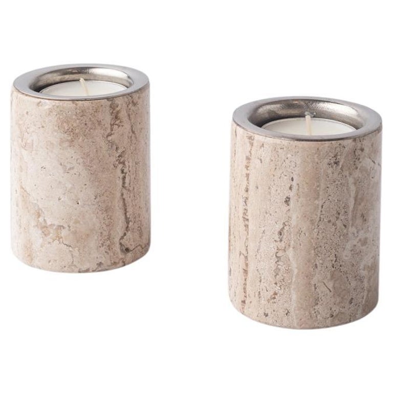 Gova Travertine Marble and Nickeled-Brass Candle Holders For Sale at ...