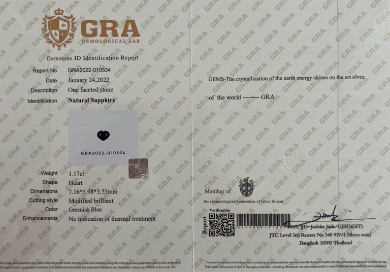 GRA Certified 1.17ct Blue Sapphire Untreated Heart Cut Loose Rare Gem ...