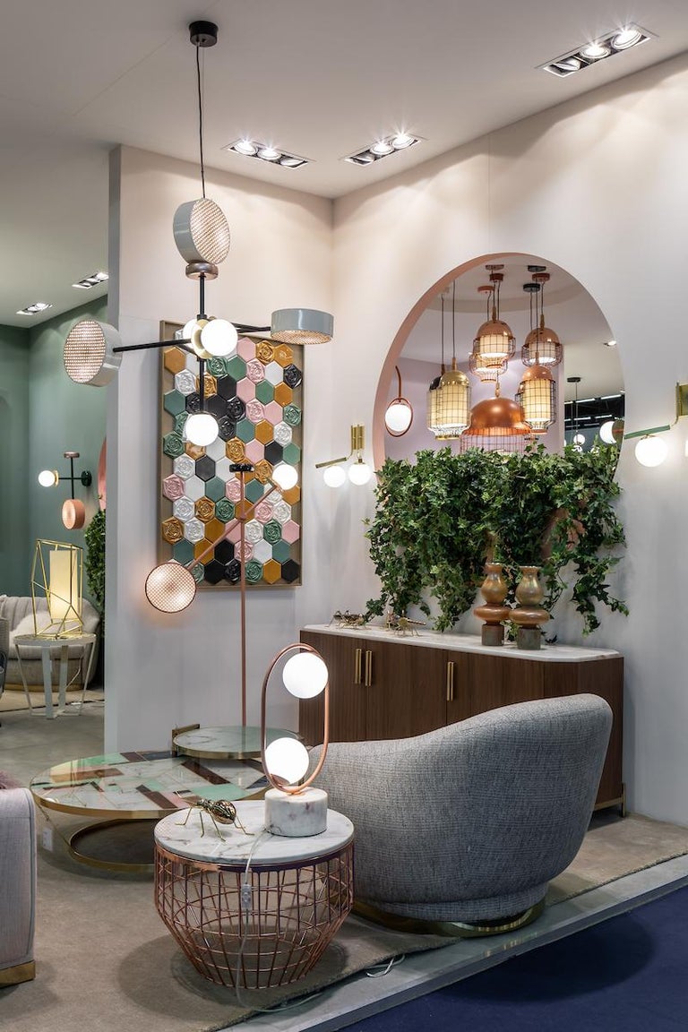 Grace Armchair in Alston China Blue Upholstery and Polished Brass Base ...