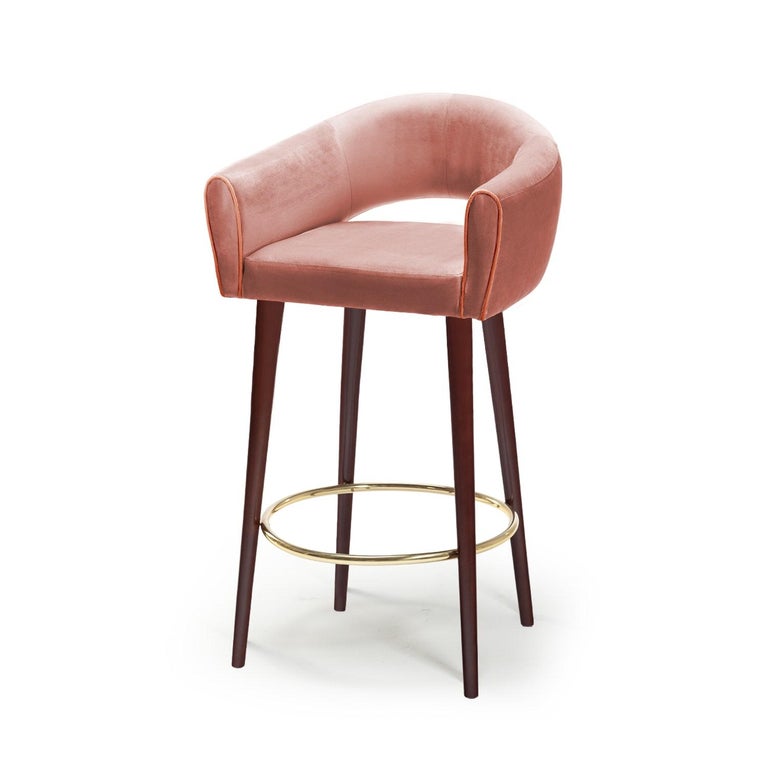 Grace Bar Stool Paris Mousse Fabric and Solid Wood Feet with Polished ...