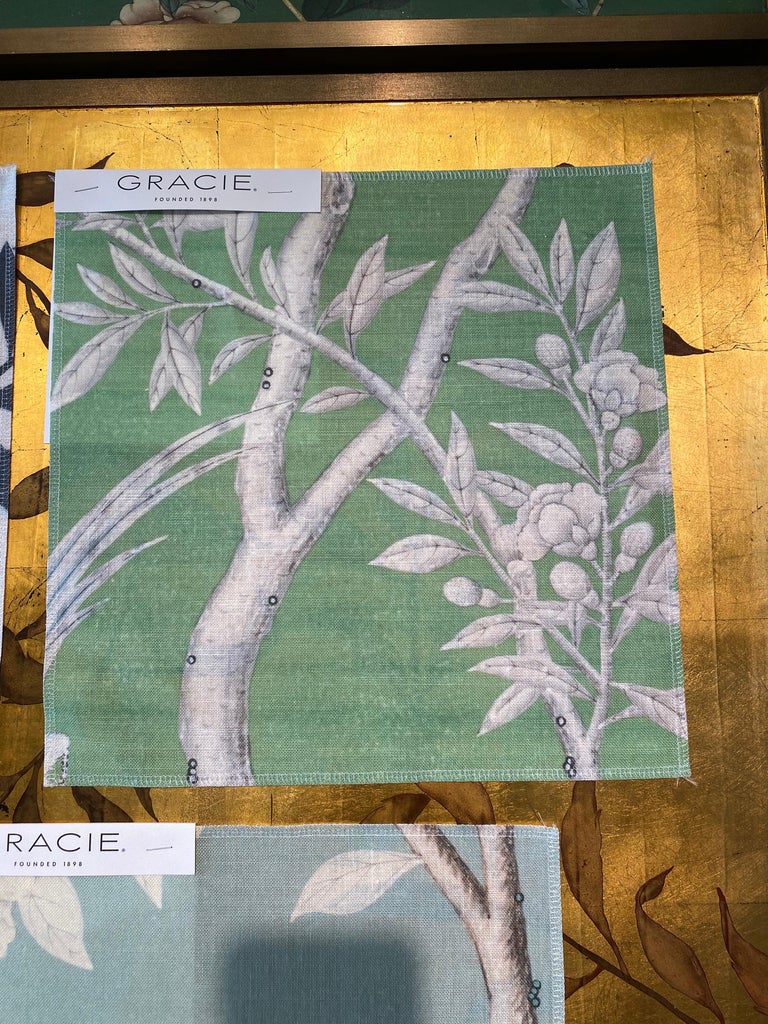 Gracie Chinoiserie Greenfield Pattern Printed Linen Fabric For Sale at ...