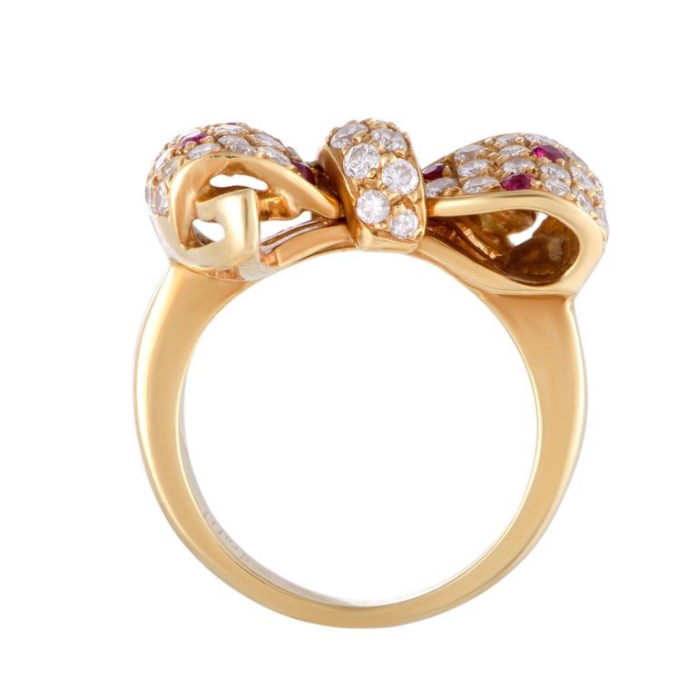 Graff 18 Karat Yellow Gold Diamond and Ruby Pave Bow Ring at 1stDibs