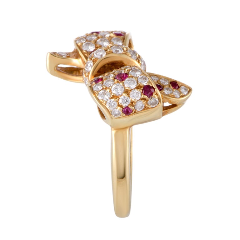 Graff 18 Karat Yellow Gold Diamond and Ruby Pave Bow Ring at 1stDibs