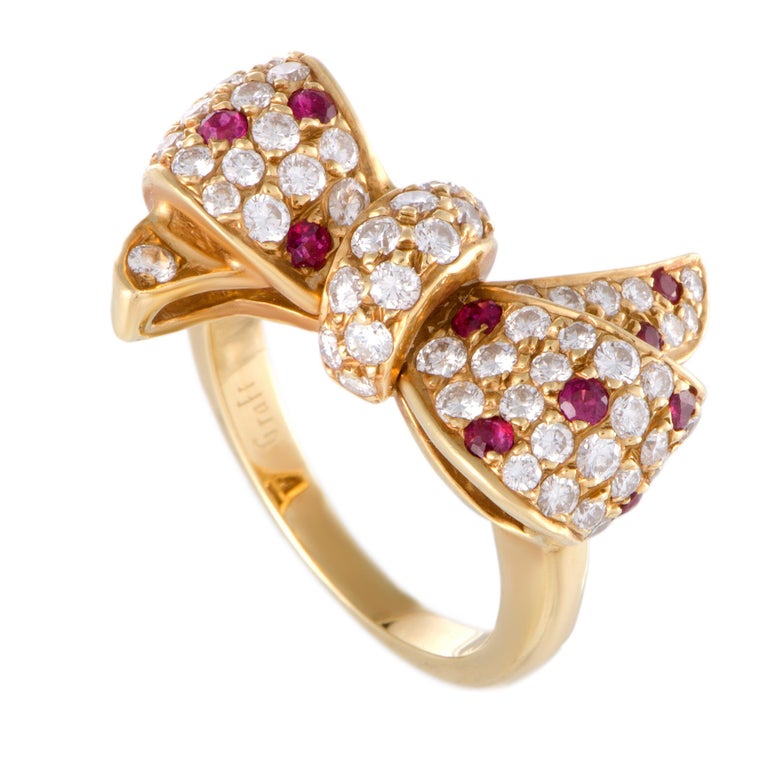 Graff 18 Karat Yellow Gold Diamond and Ruby Pave Bow Ring at 1stDibs