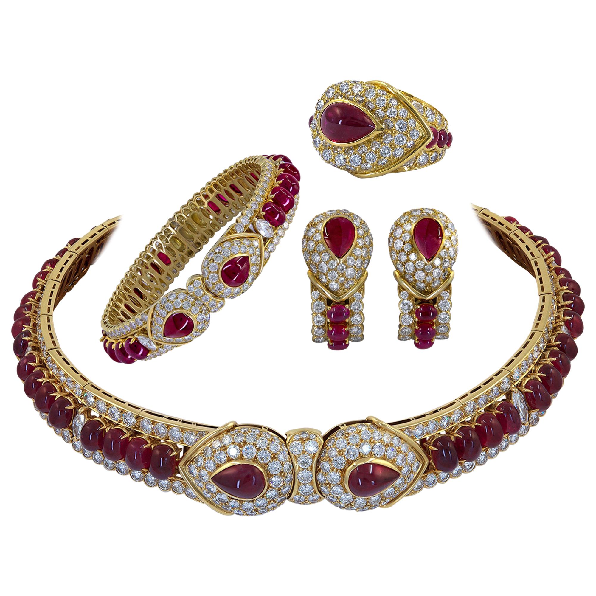 Burma Ruby Diamond Yellow Gold Necklace and Earrings Suite at 1stDibs