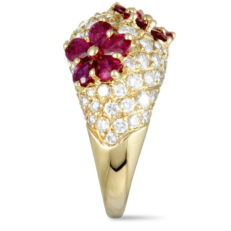 Graff Diamond Pave and Ruby Yellow Gold Flowers Bombe Ring at 1stDibs
