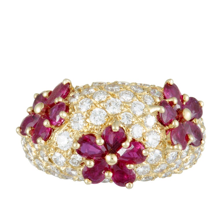 Graff Diamond Pave and Ruby Yellow Gold Flowers Bombe Ring at 1stDibs
