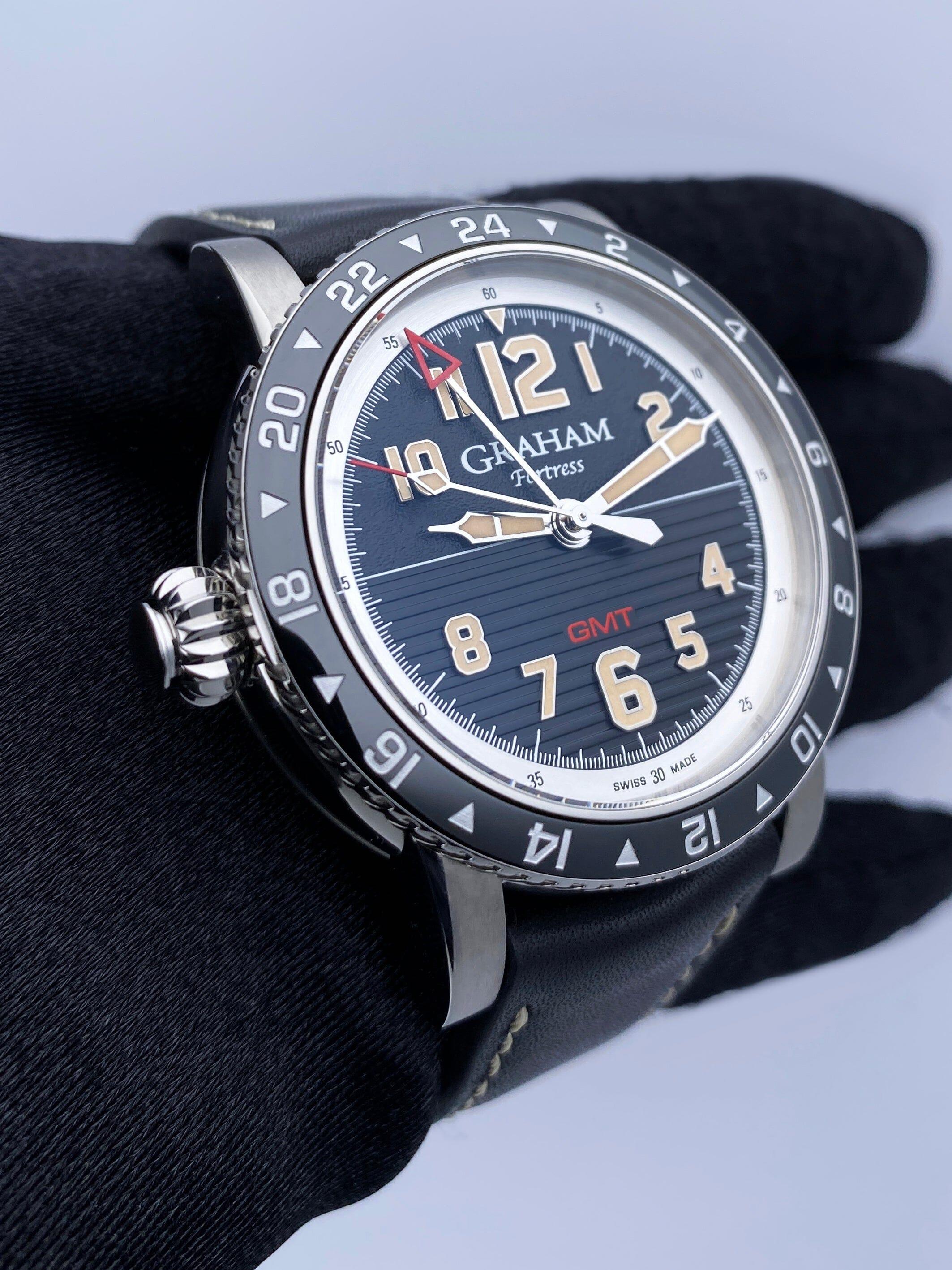 Graham Fortress GMT Black Dial Mens Watch Box Papers For Sale at 1stDibs