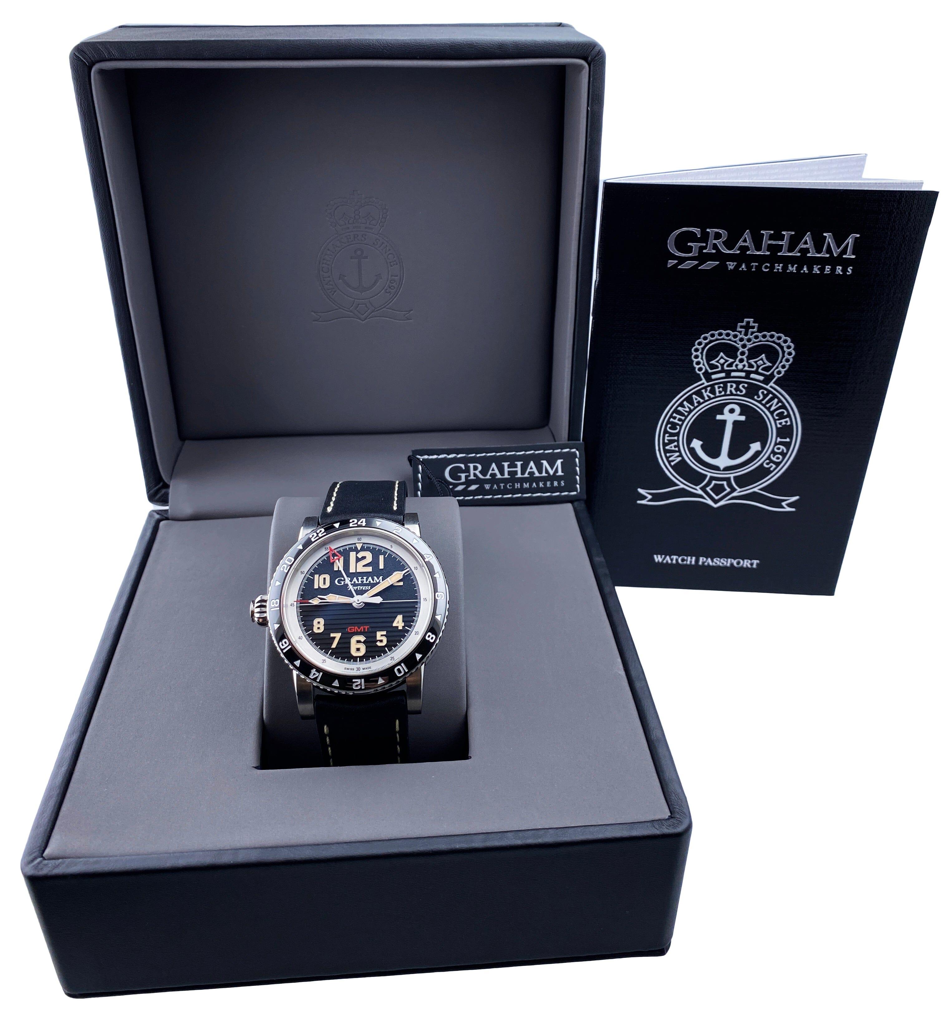 Graham Fortress GMT Black Dial Mens Watch Box Papers For Sale at 1stDibs