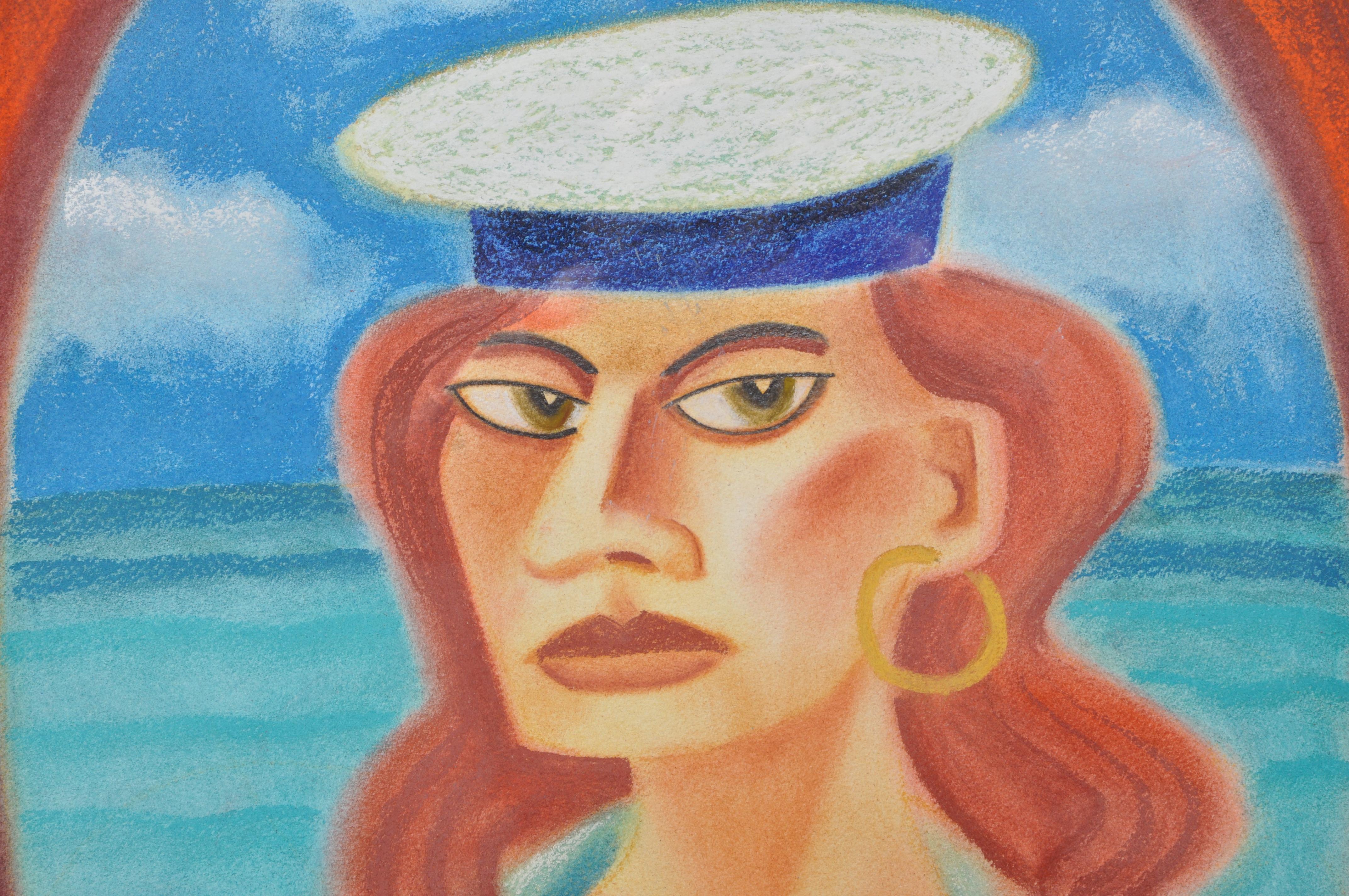 Graham Knuttel Lady at Sea Pastel Irish Artist Painter Framed Blue Red ...