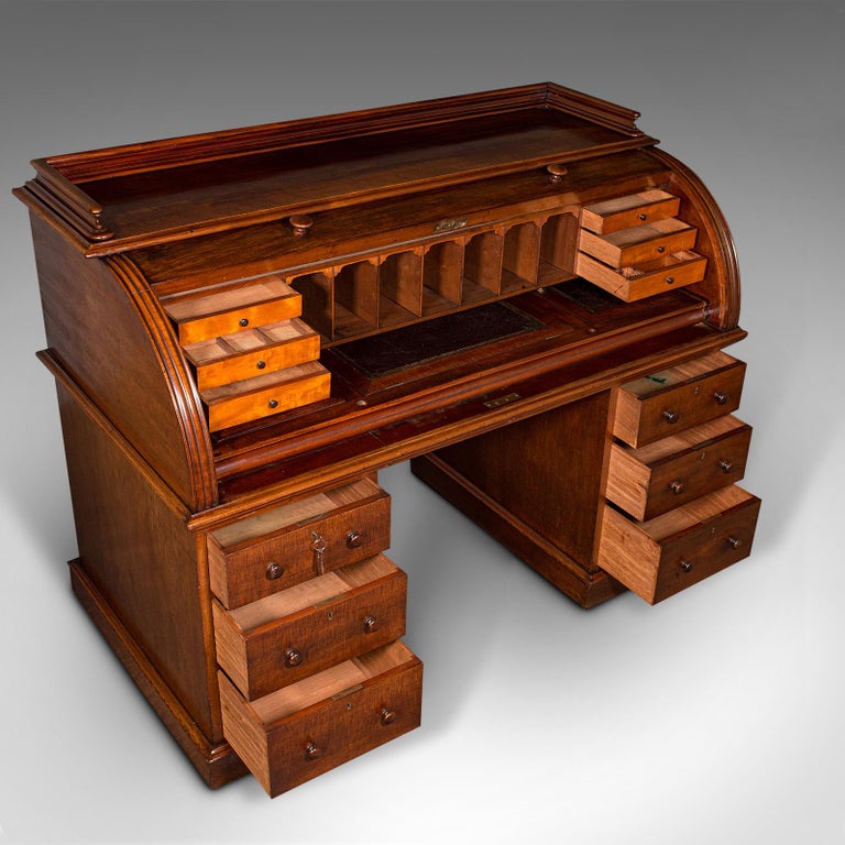 Grand Antique Estate Pedestal Desk, English Roll Top Secretaire ...