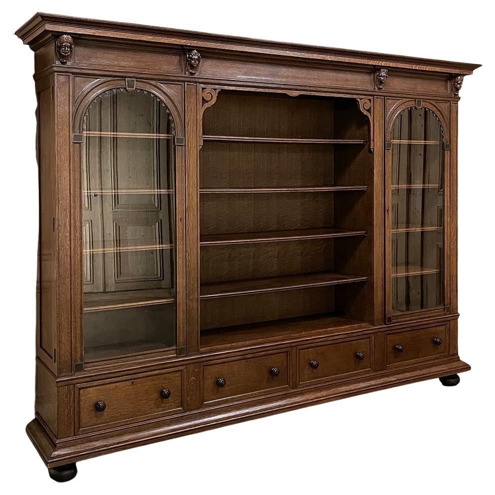 Antique Oak Triple Bookcase with Old Man of the North Carving, circa ...