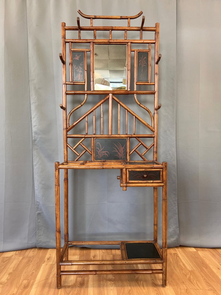 Grand Chinoiserie Style Bamboo Hall Tree with Drawer For Sale at 1stDibs