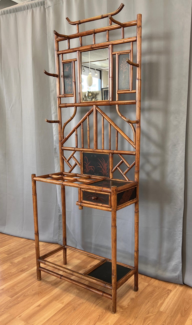 Grand Chinoiserie Style Bamboo Hall Tree with Drawer For Sale at 1stDibs
