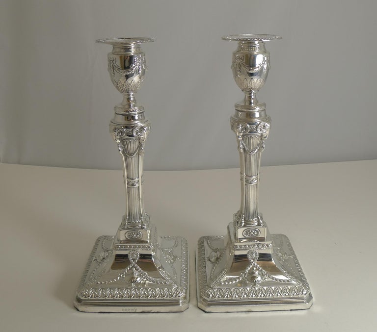Grand Pair of English Silver Plated Adams Style Candlesticks, Ram's ...