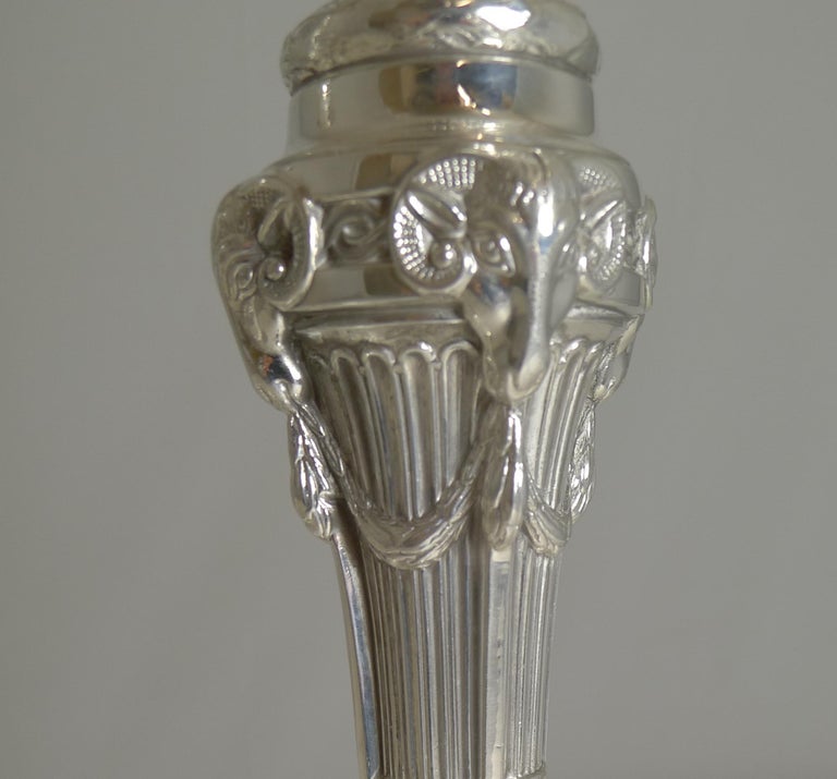Grand Pair of English Silver Plated Adams Style Candlesticks, Ram's ...