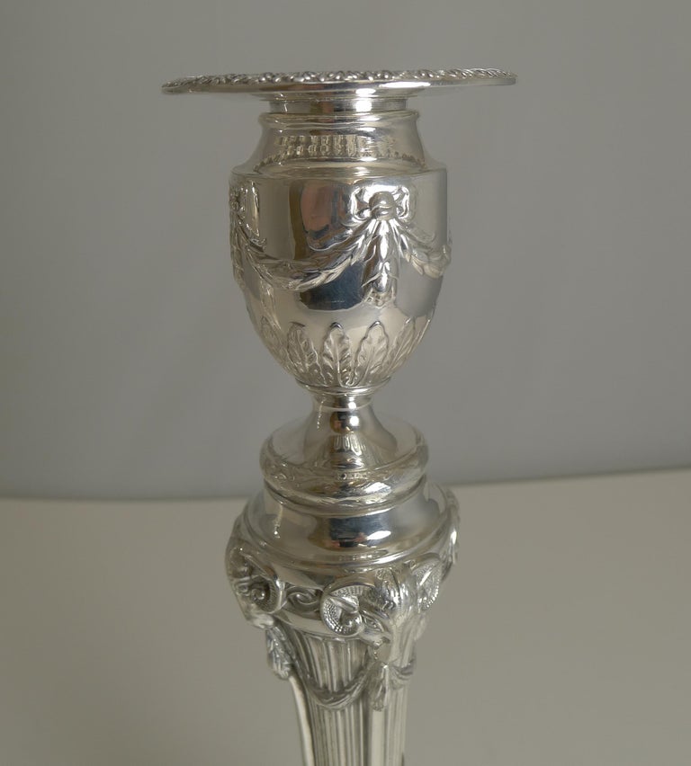 Grand Pair of English Silver Plated Adams Style Candlesticks, Ram's ...