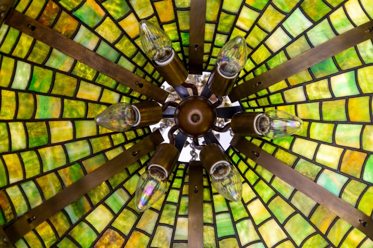 Grand Victorian/Art Nouveau Green Slag Glass and Brass Mascaron Pendant ...