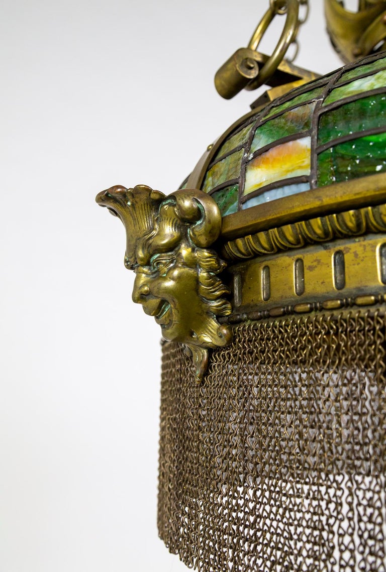 Grand Victorian/Art Nouveau Green Slag Glass and Brass Mascaron Pendant ...