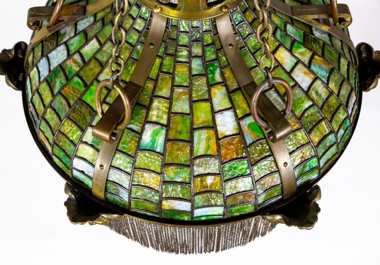 Grand Victorian/Art Nouveau Green Slag Glass and Brass Mascaron Pendant ...