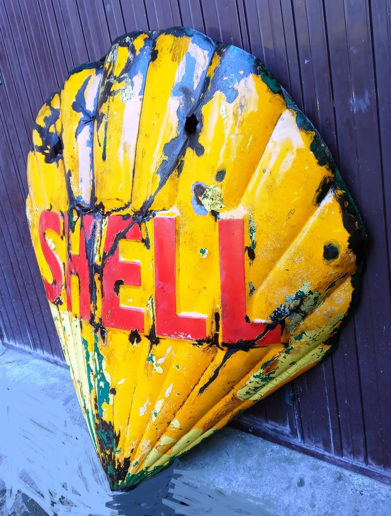 Grande Insegna Shell, Anni 50. Metallo Smaltato For Sale at 1stDibs