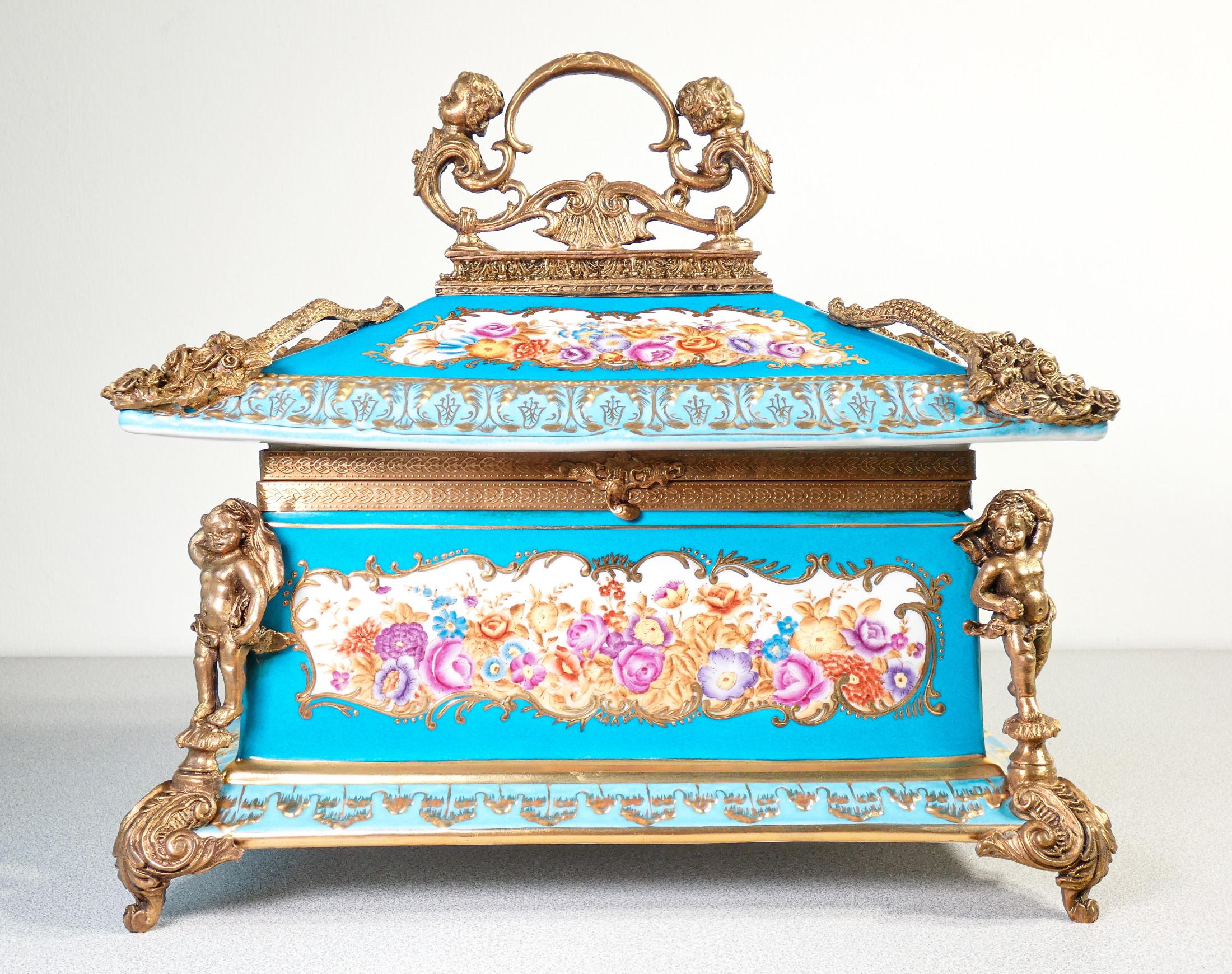 Large box, ceramic casket by SEVRES with decorative brass elements For ...