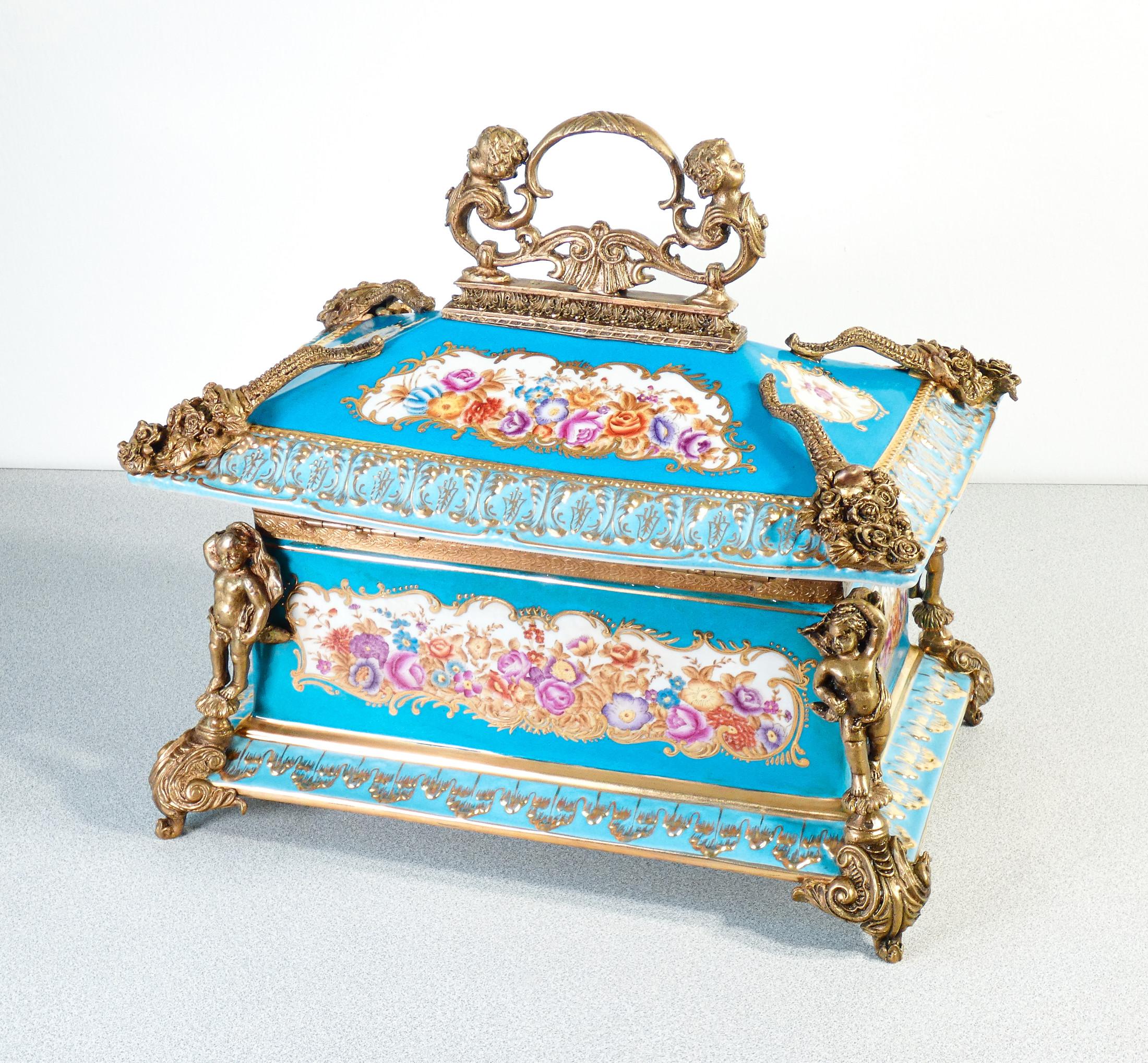 Large box, ceramic casket by SEVRES with decorative brass elements For ...