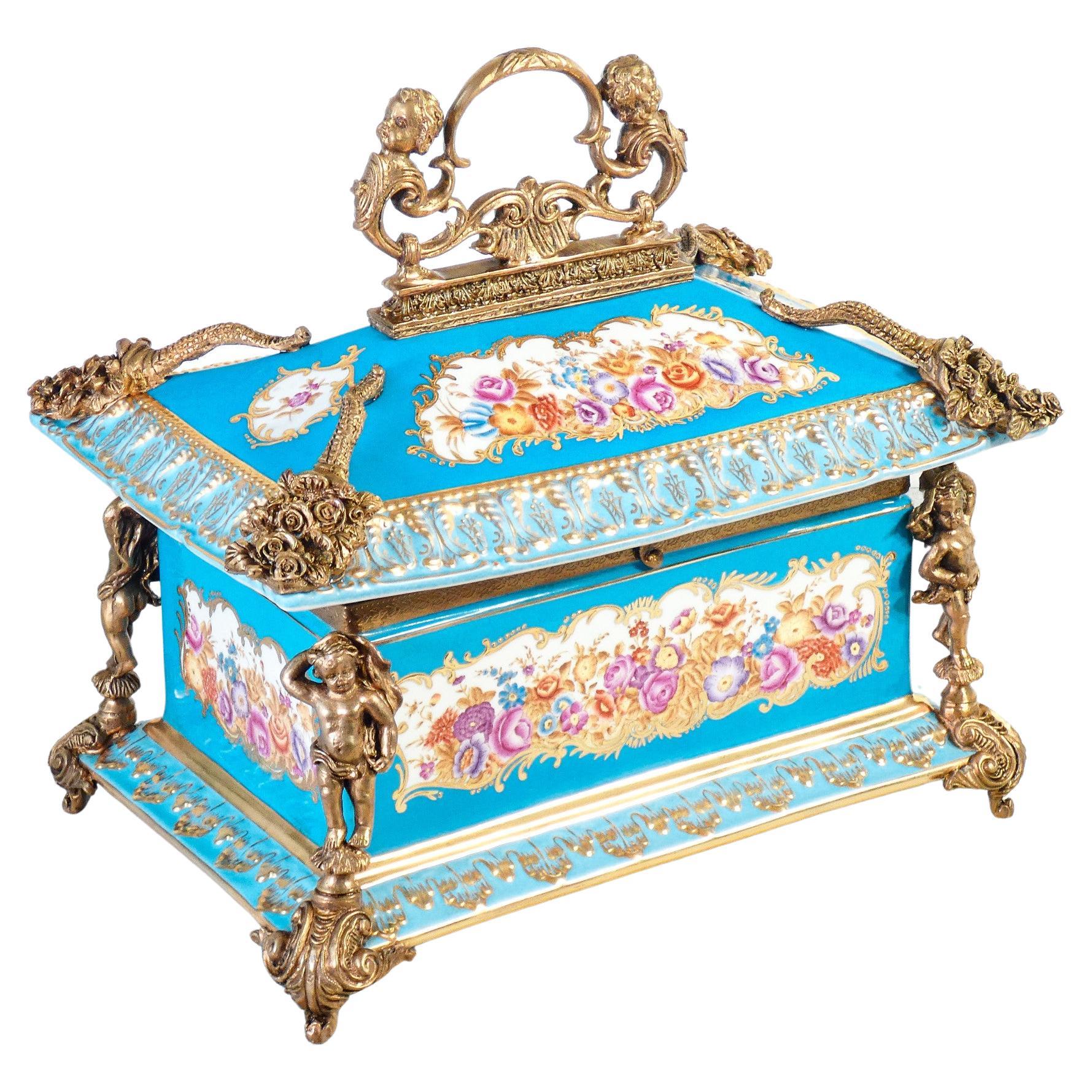 Large box, ceramic casket by SEVRES with decorative brass elements For ...