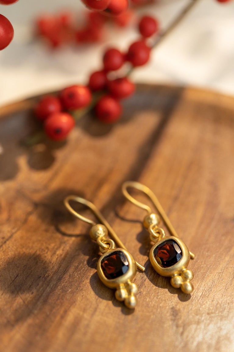 Granet Earrings Facetted Cushion Sterling Silver Galvanic Goldplating ...