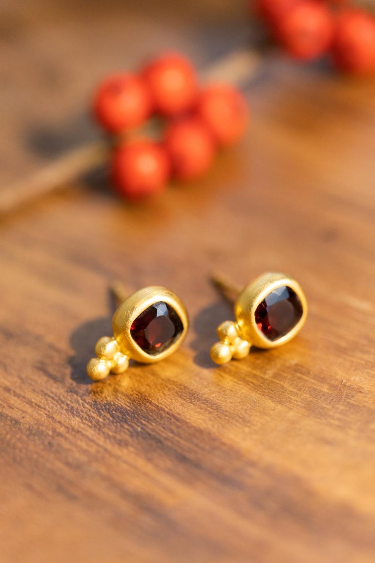 Granet Stud Earrings Facetted 925 Sterling Silver Galvanic Gold Plating ...
