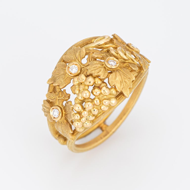 Grape Leaf Diamond Ring Vintage 18 Karat Yellow Gold Dome Band Nature ...