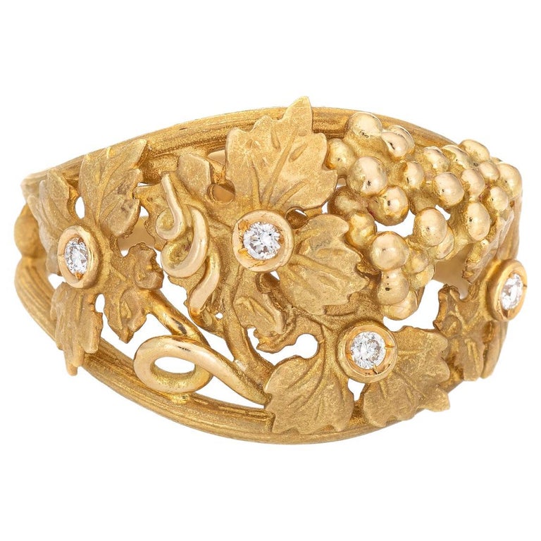 Grape Leaf Diamond Ring Vintage 18k Yellow Gold Dome Band Nature ...