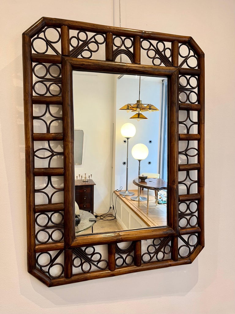 Graphic Rattan Mirror, Italy, 1970s For Sale at 1stDibs