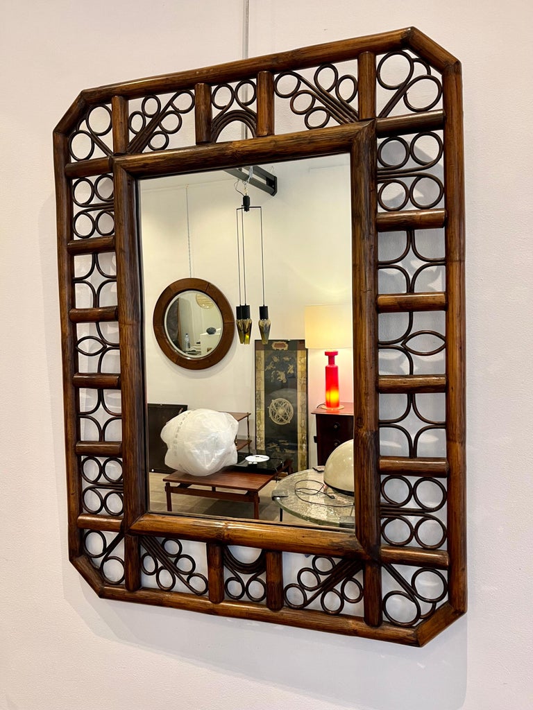 Graphic Rattan Mirror, Italy, 1970s For Sale at 1stDibs