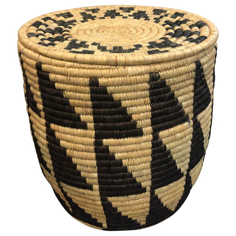 Graphic Tribal Pattern African Round Woven Side Table at 1stDibs