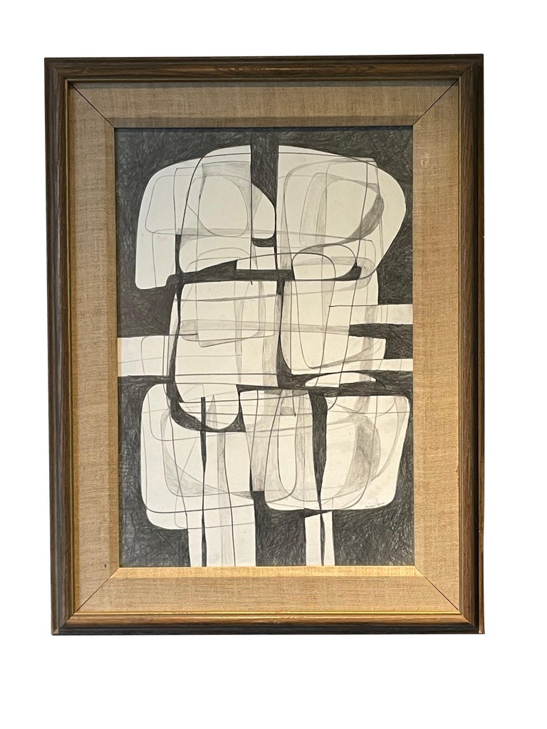 Dessin en graphite dans un cadre vintage de David Dew Bruner, États ...