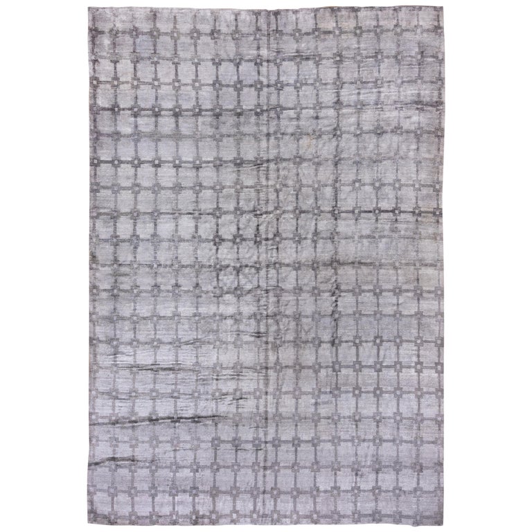 Gray and Silver Modern Hand Knotted Viscose Carpet For Sale at 1stDibs