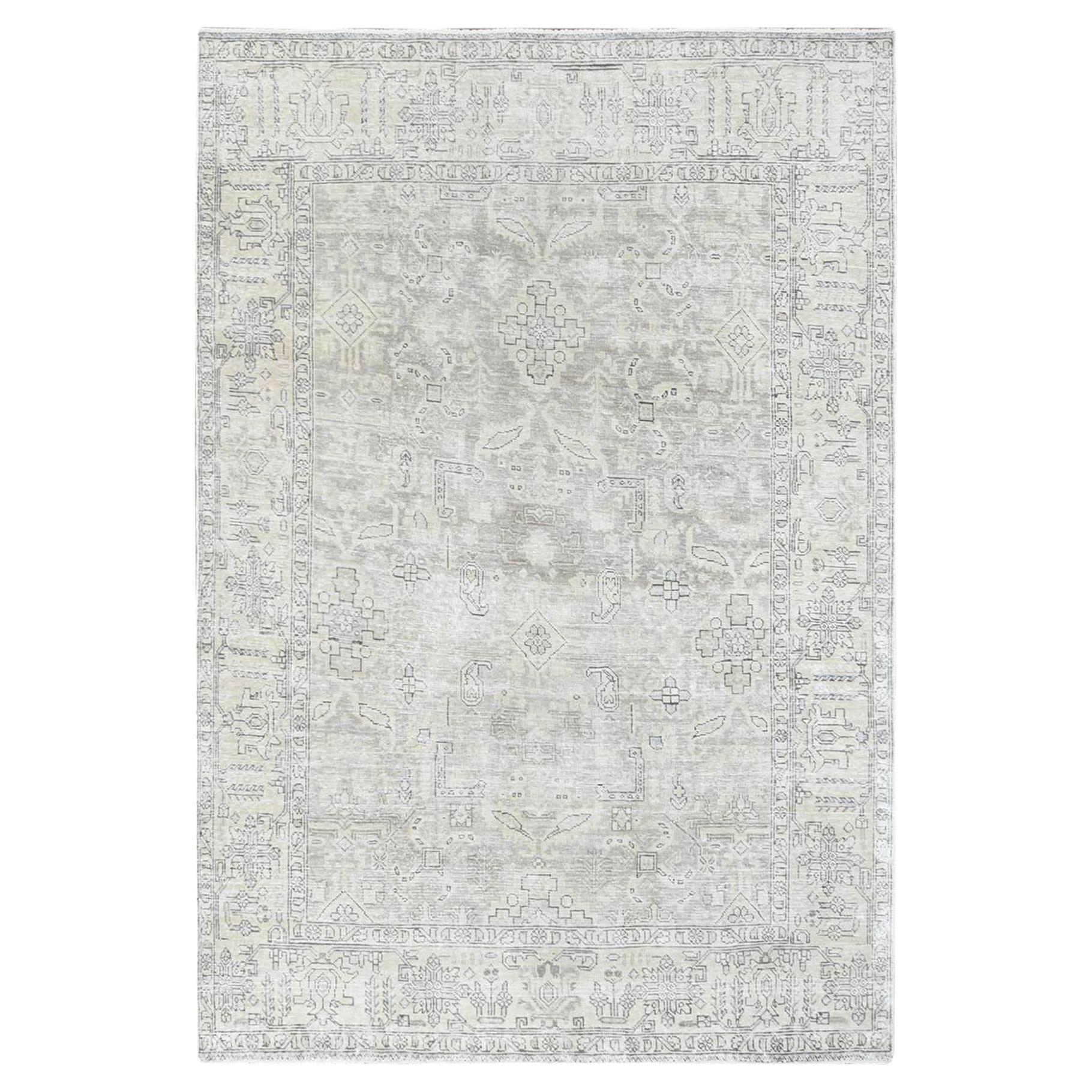 Beige Vintage Persian Tabriz Hand Knotted Worn Wool Distressed Look Rug ...