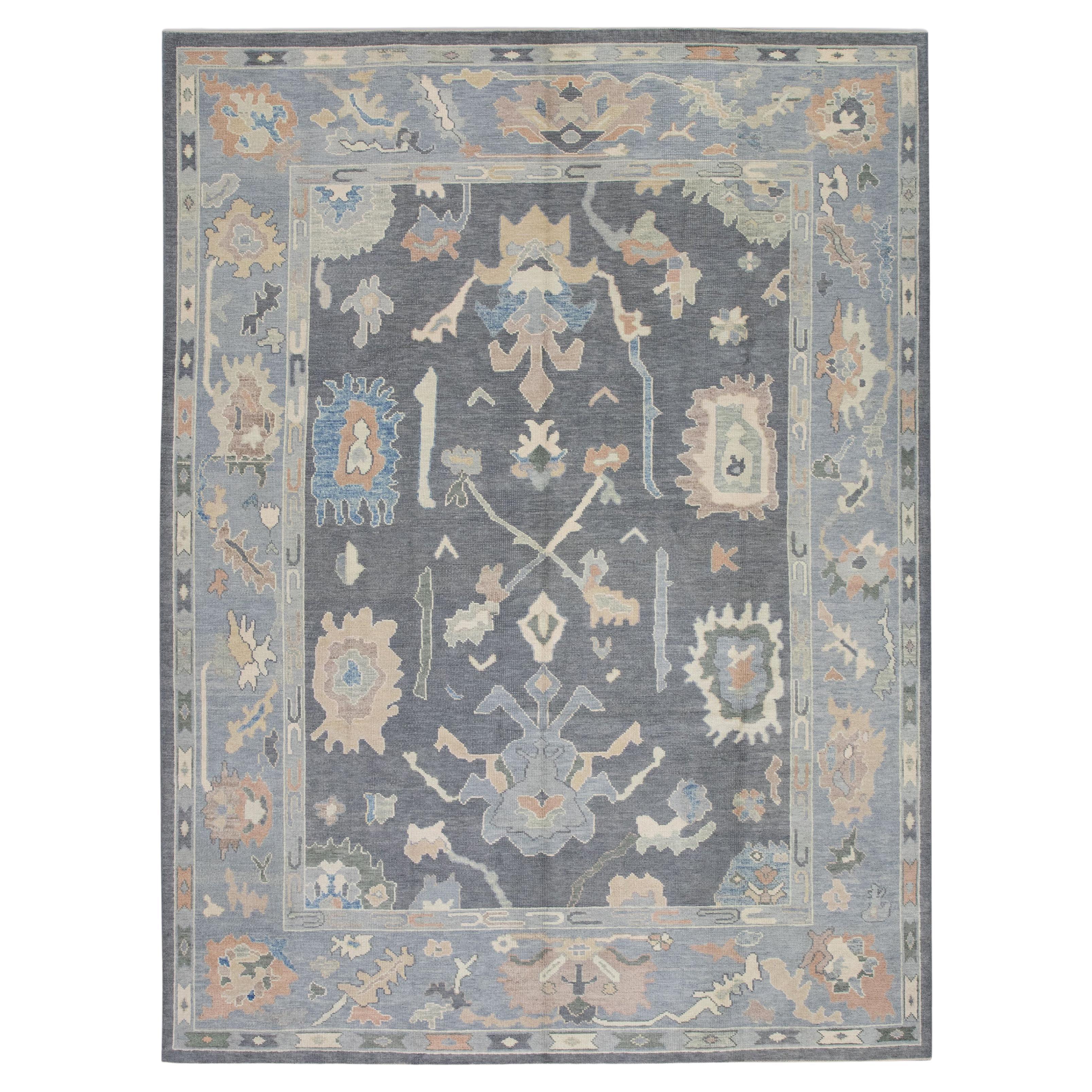 Gray and Blue Floral Design Handwoven Wool Turkish Oushak Rug 8'10" X ...