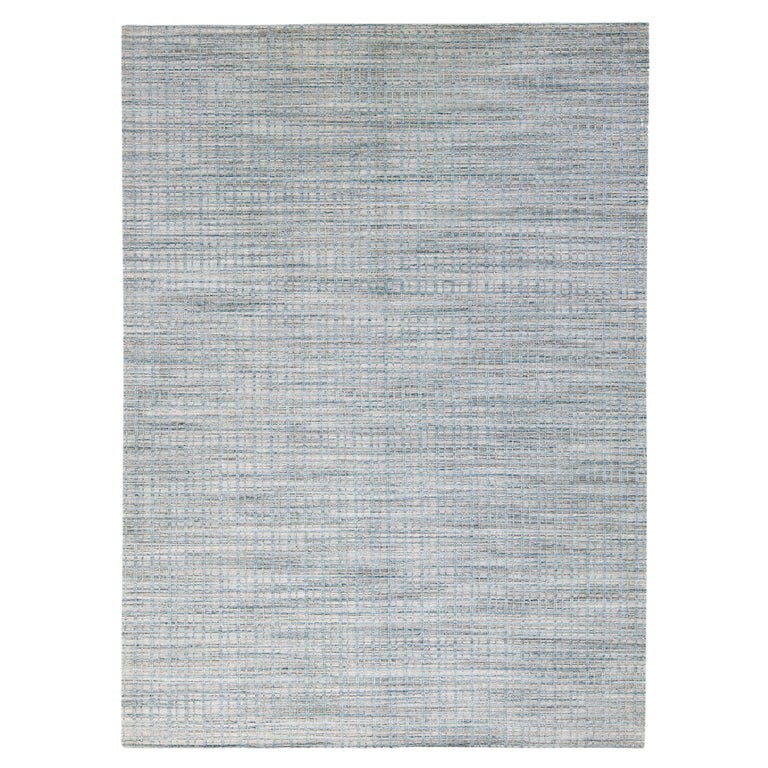 Gray Modern HandLoom Blue Geometric Pattern Wool Rug For Sale at 1stDibs