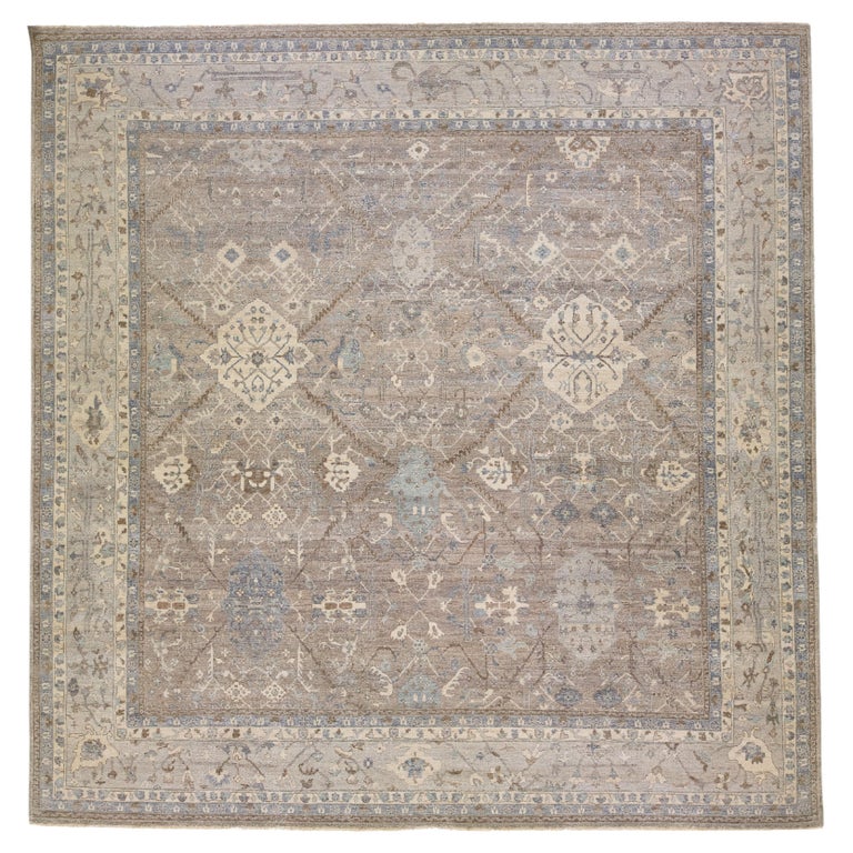 Gray Modern Indian Handmade Floral Wool Rug For Sale at 1stDibs